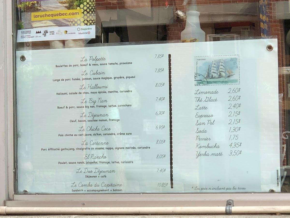 Carta del restaurante Capitaine Sandwich, Montréal