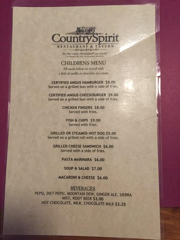 Menu at Country Spirit Restaurant, Henniker, 262 Maple St