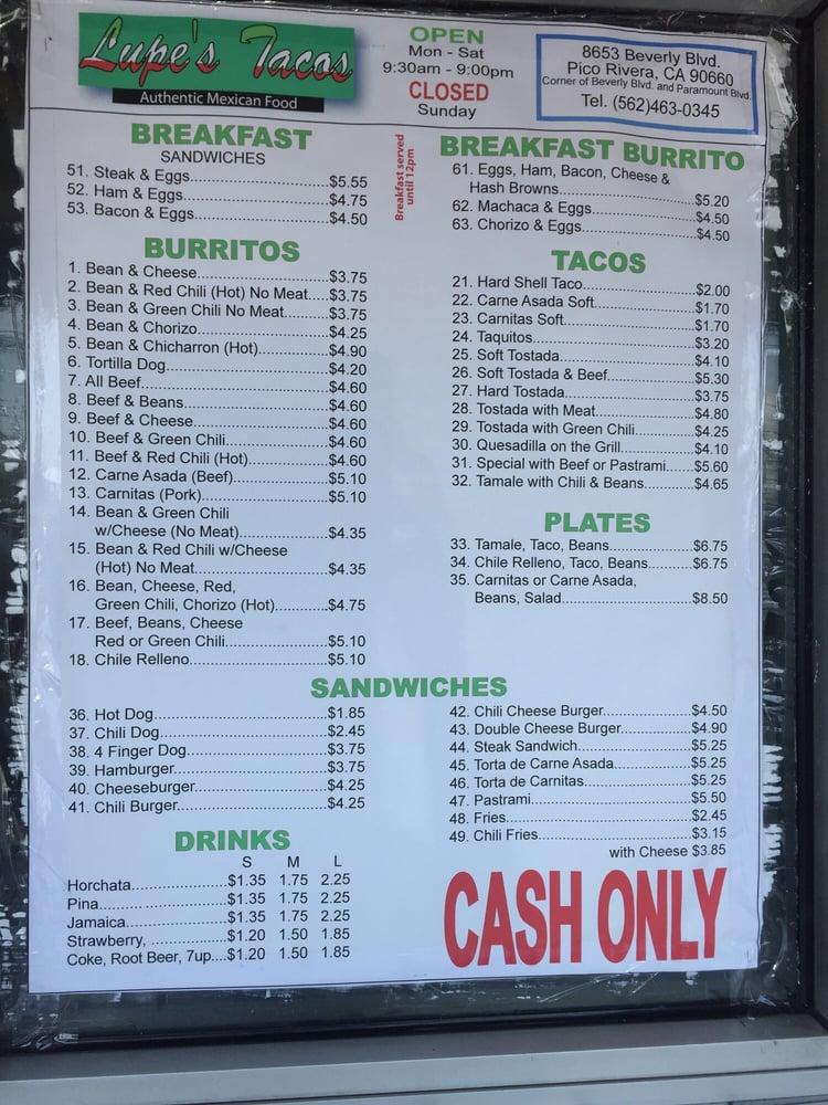 Menu at Lupe's Restaurant, Pico Rivera