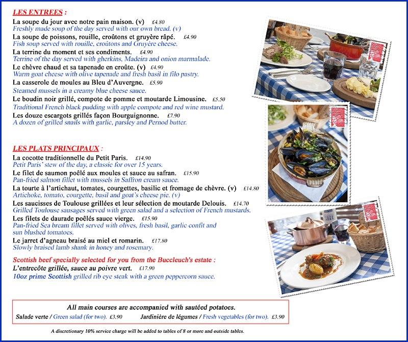 Menu at Petit Paris restaurant, Edinburgh, 38-40 Grassmarket