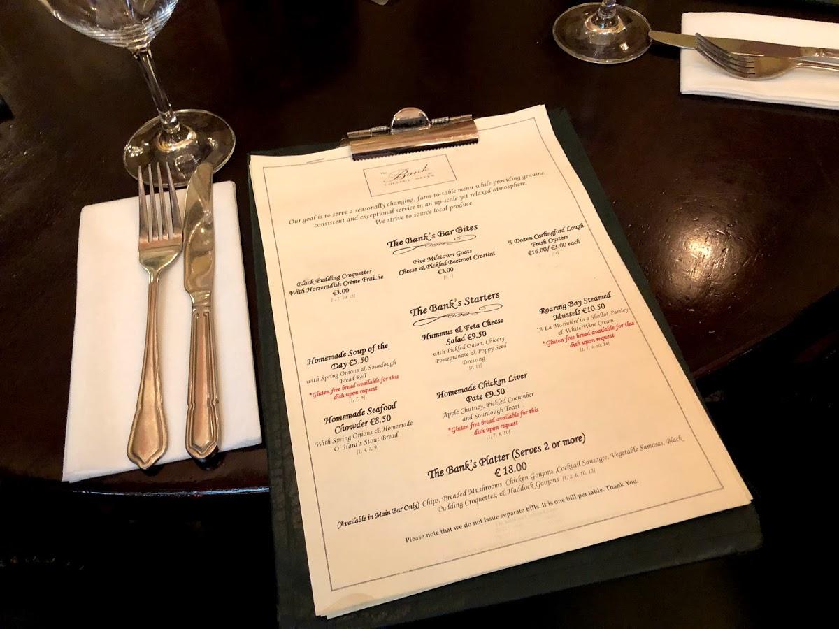 Menu at The Bank Restaurant, Dublin