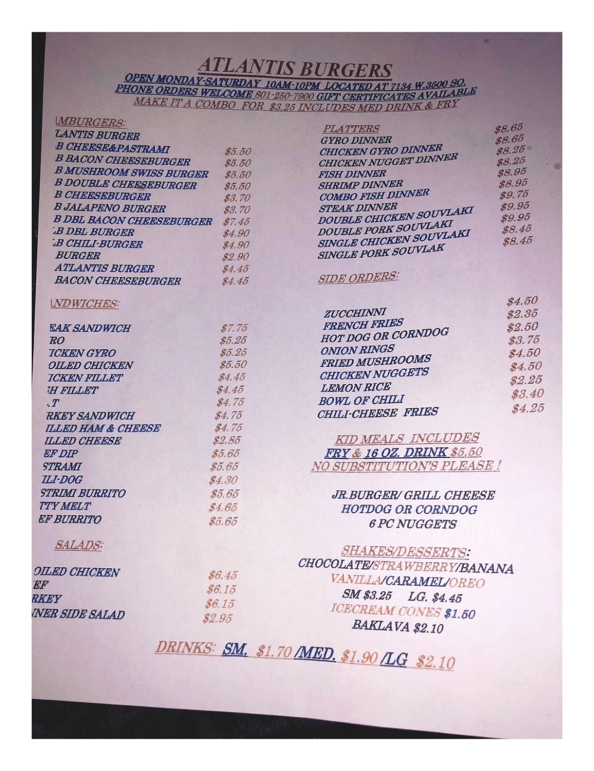 Menu at Atlantis Burgers restaurant, West Valley City, W 3500 S