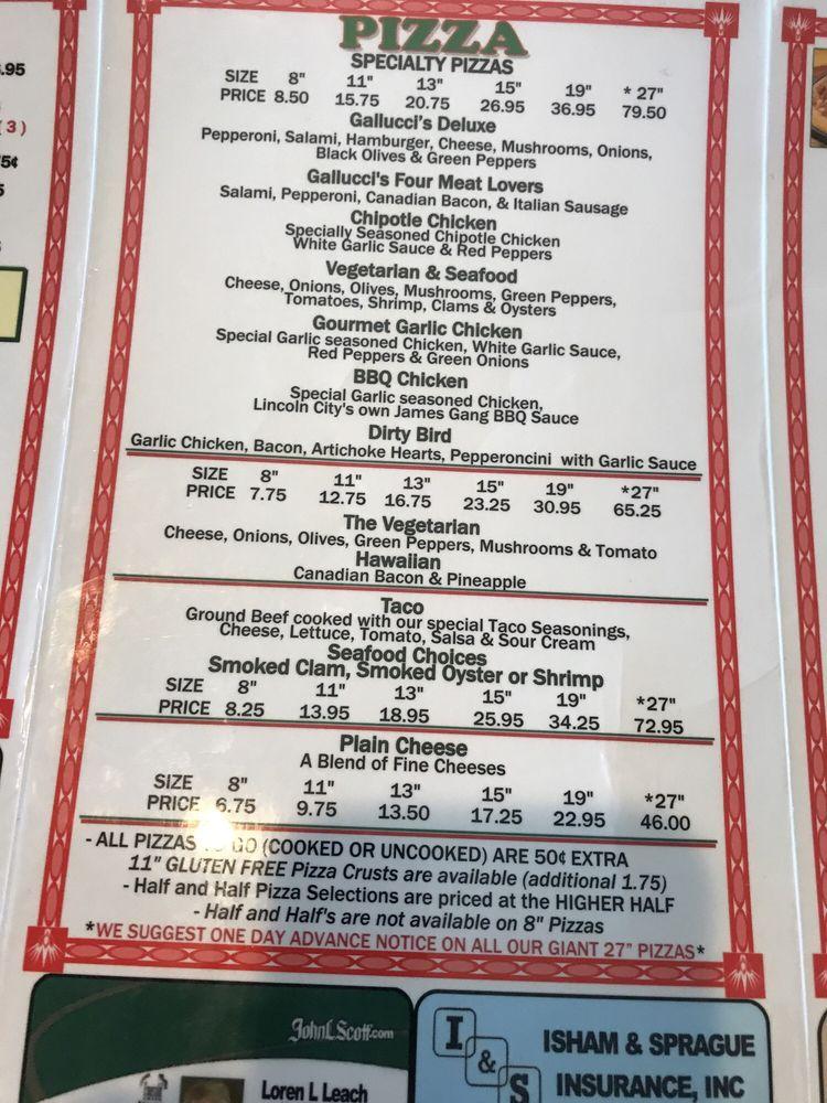 Menu at Gallucci's Pizzeria, Lincoln City, NW U.S. 101