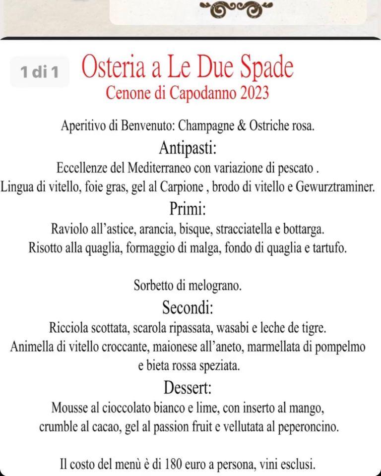 Menu at Osteria a le Due Spade restaurant, Trento