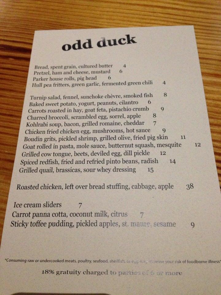 Menu at Odd Duck pub & bar, Austin