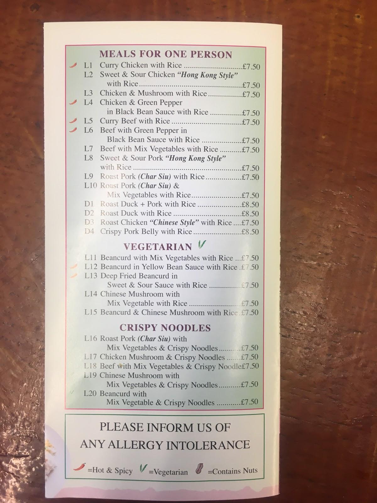 Menu at Pang's fast food, London