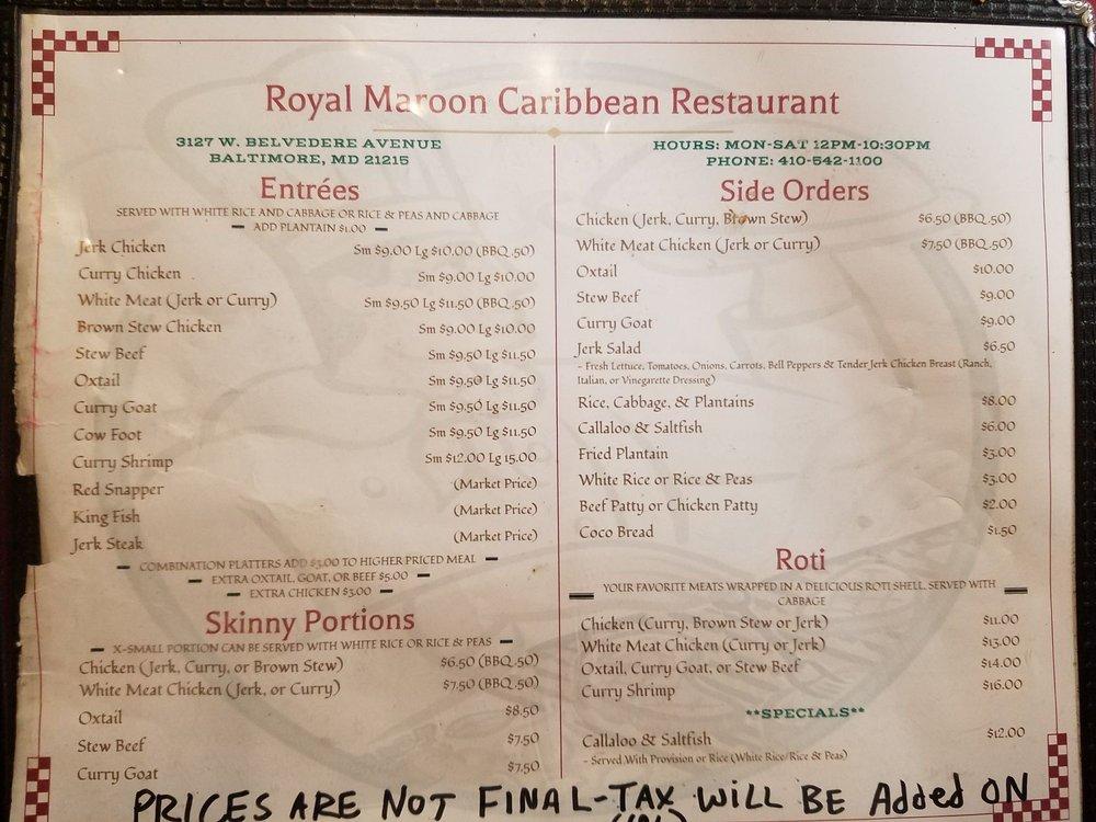 Menu at Royal Maroon Caribbean Carryout restaurant, Baltimore