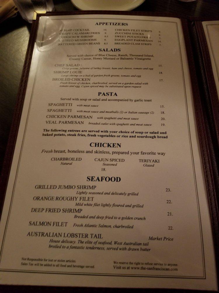 Menu at The San Franciscan steakhouse, Torrance