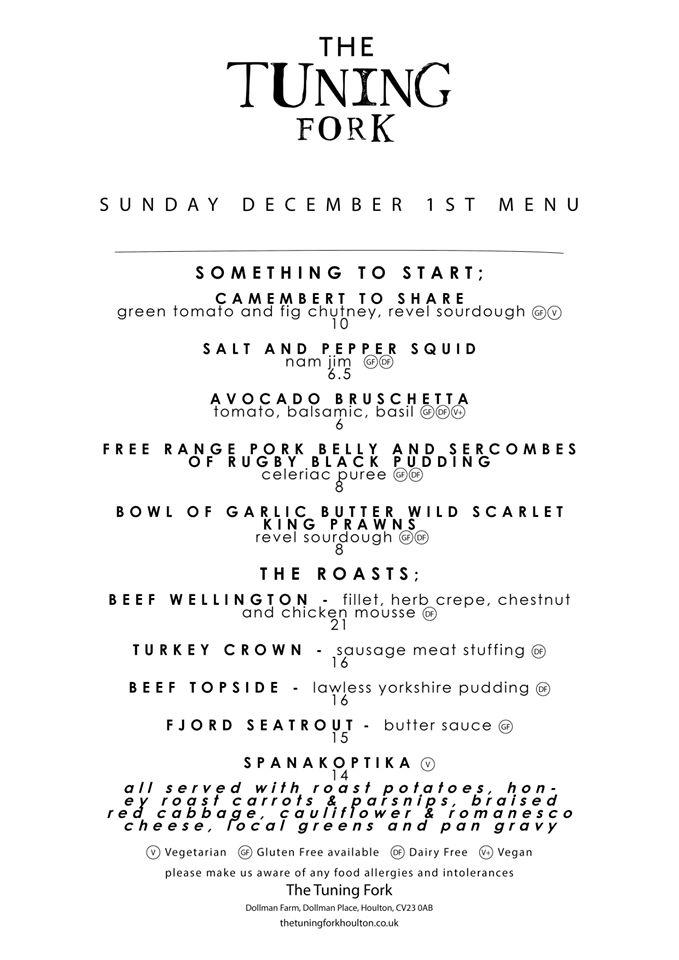 Menu at The Tuning Fork restaurant, Rugby