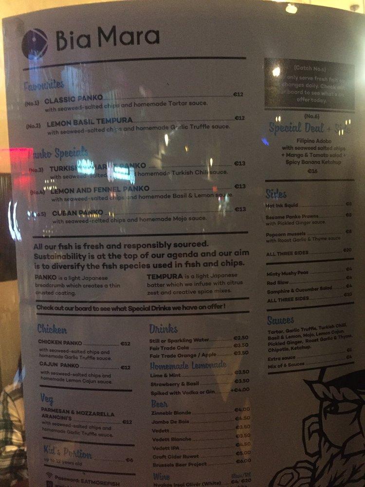 Menu at Bia Mara, Brussels, Rue du Marché aux Poulets 41