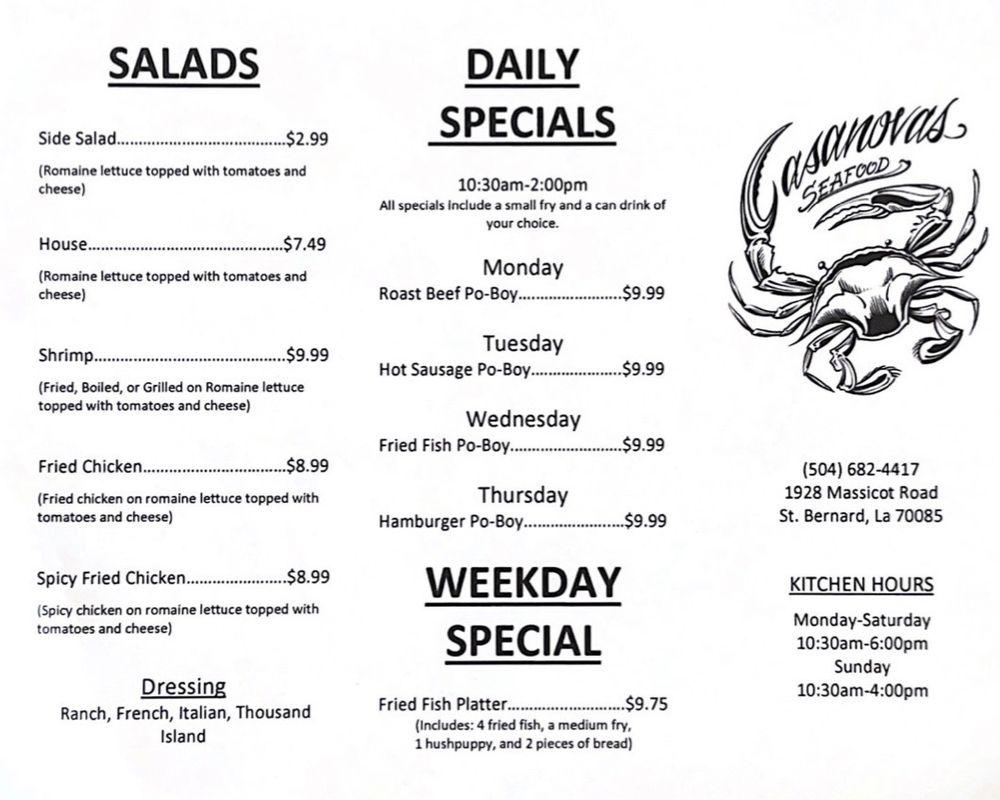 Menu at Casanova's Seafood restaurant, Poydras