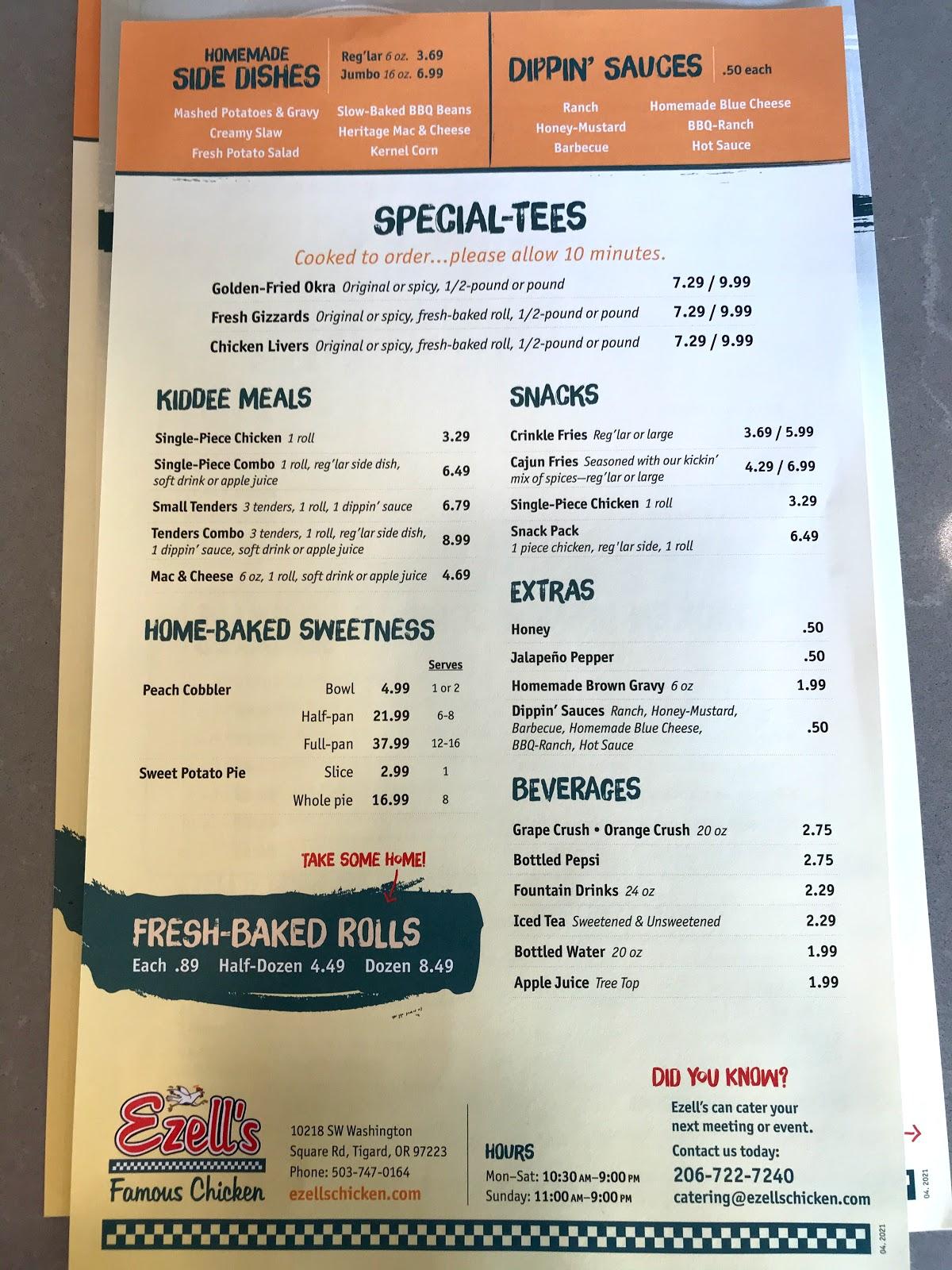 Menu at Ezell's Famous Chicken restaurant, Tigard
