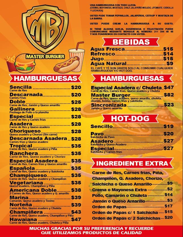 Menu at MASTER BURGUER restaurant, Tepic