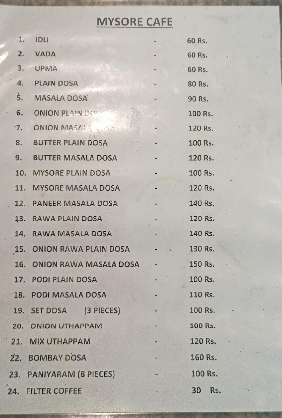 Menu at Mysore Cafe, New Delhi, 12, South Avenue Market