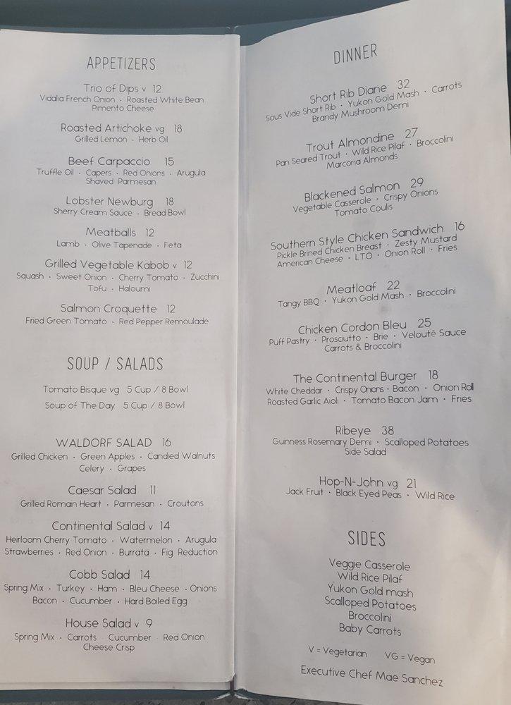 Menu at The Continental restaurant, Tampa