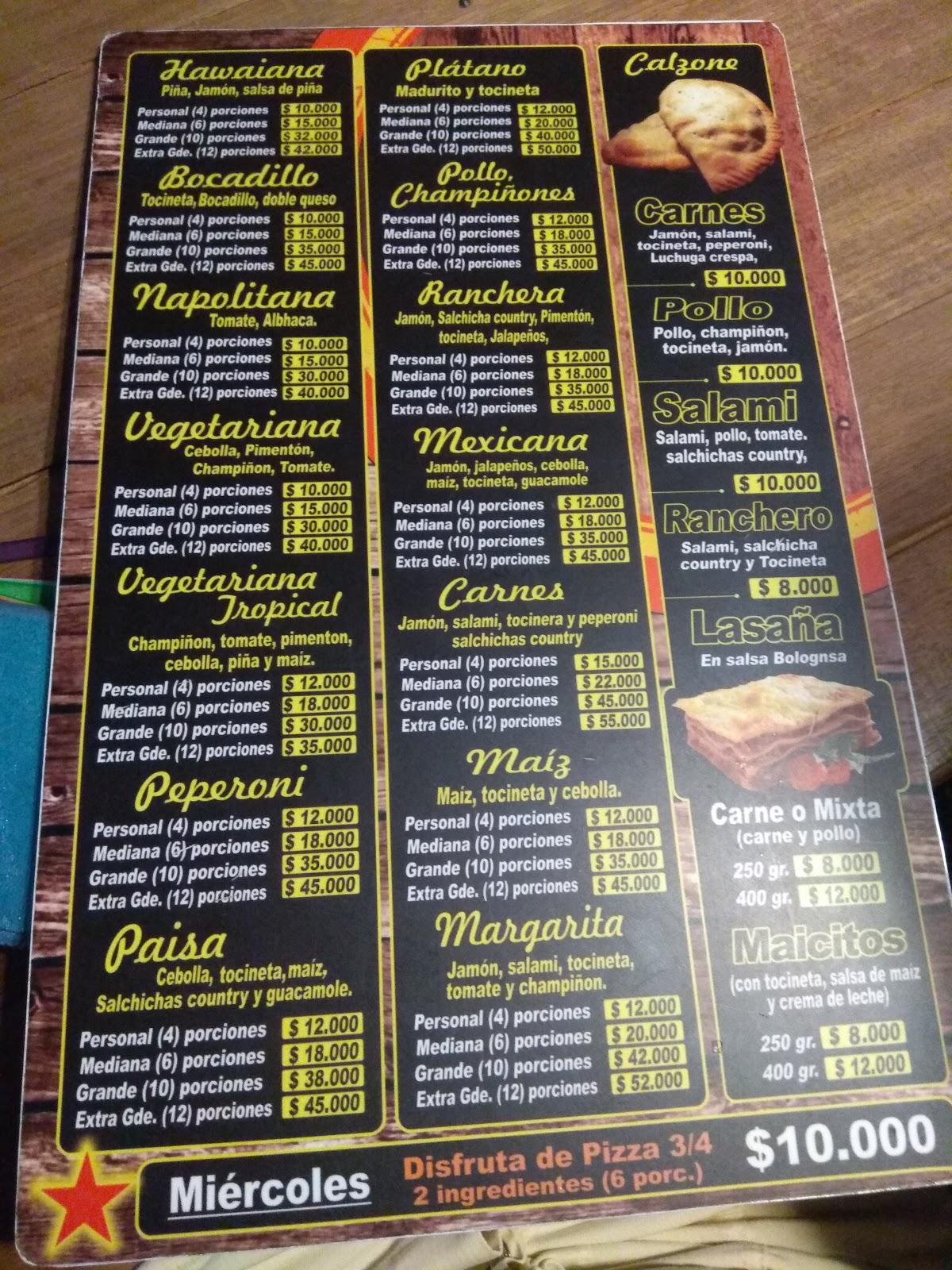 Menu at pizza morena restaurant, Medellín