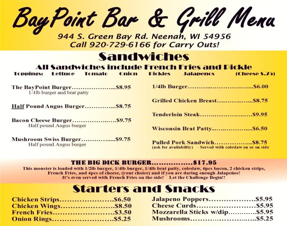 Menu at Bay Point Bar & Grill, Neenah