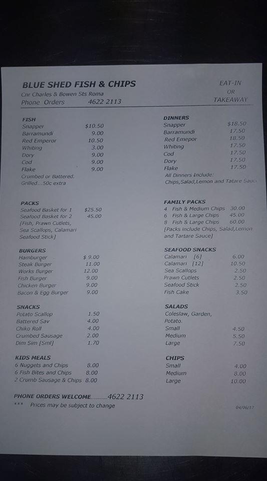Menu at Blue Shed Fish & Chips Cafe, Roma, 81 Charles St