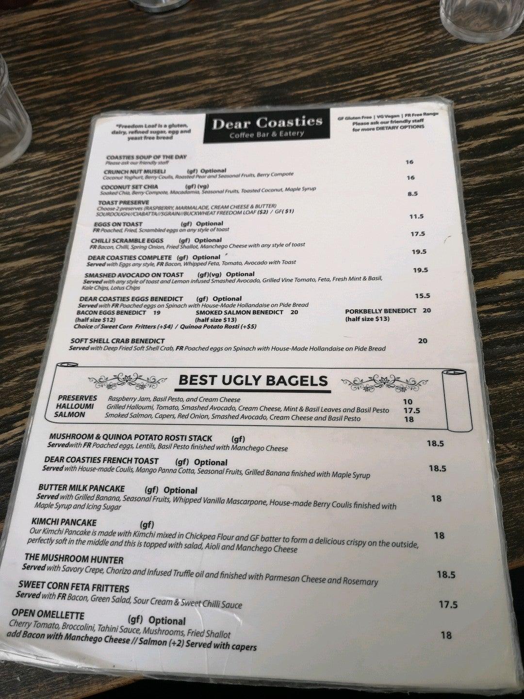 Menu at Dear Coasties cafe, Orewa
