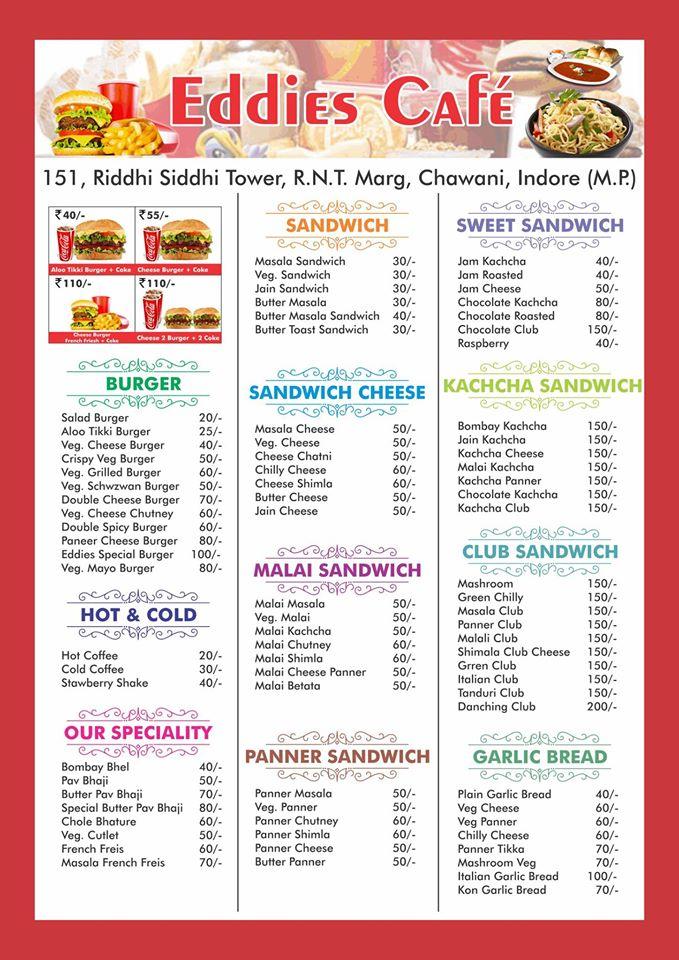 Menu at Eddies cafe, Indore