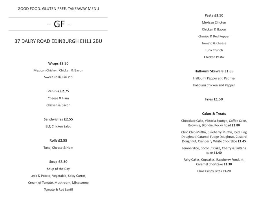 Menu at GF Café cafe, Edinburgh
