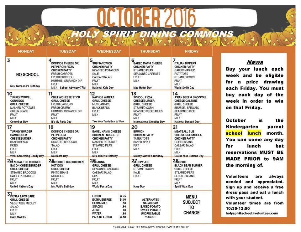 Menu at Holy Spirit Dining Commons cafeteria, Louisville