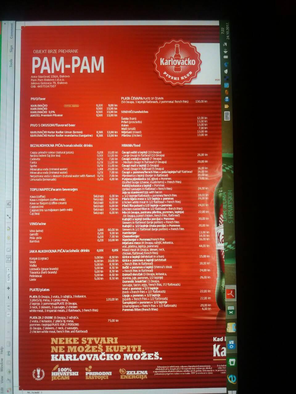 Menu at Fast food Pam Pam, Đakovo