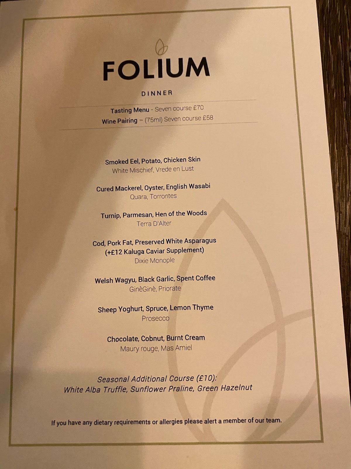 Menu at Restaurant Folium, Birmingham