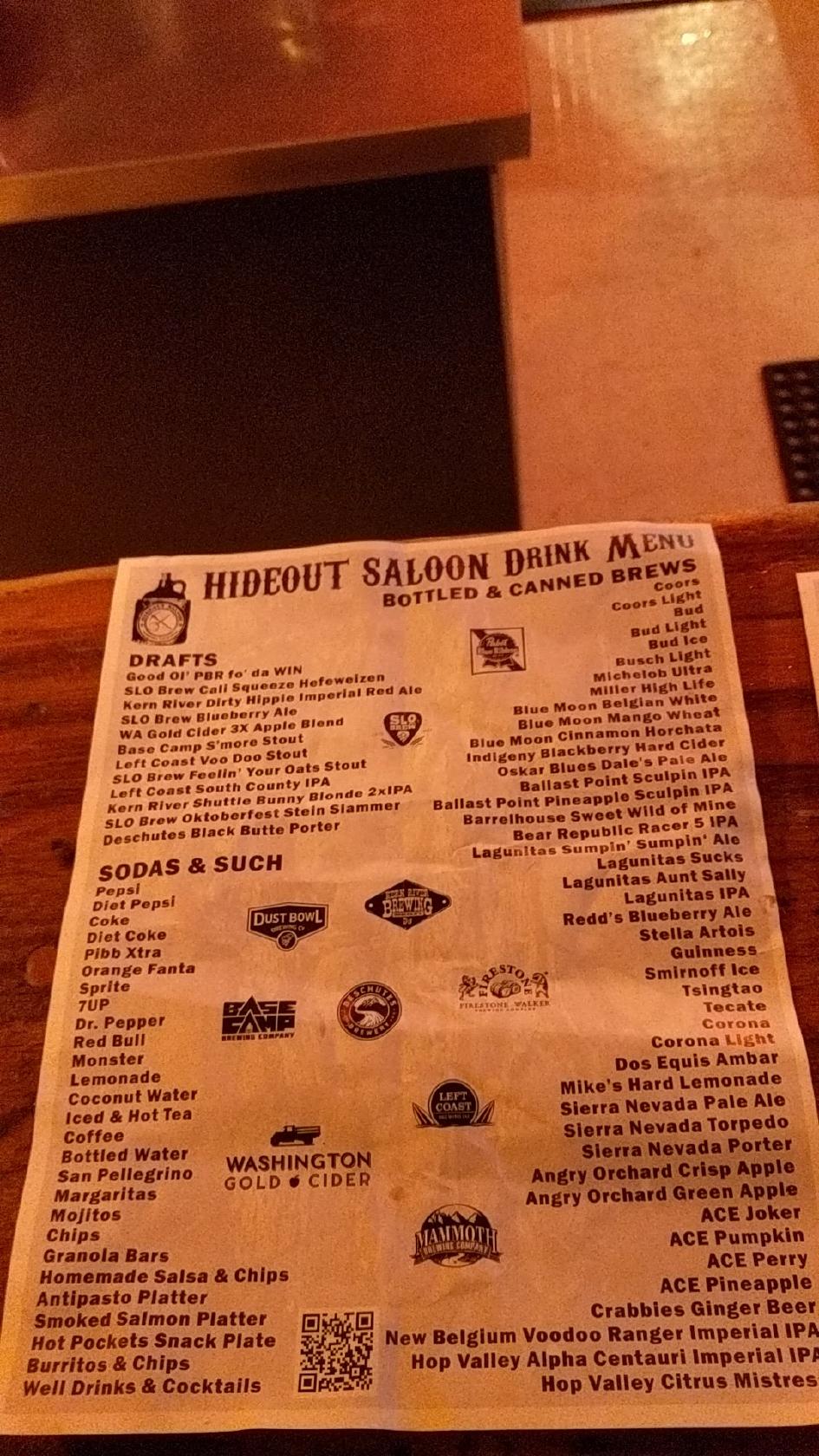 Menu at The Hideout Saloon pub & bar, Mariposa