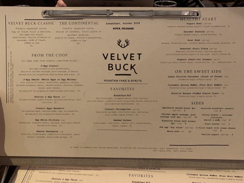 Menu at Velvet Buck pub & bar, Aspen