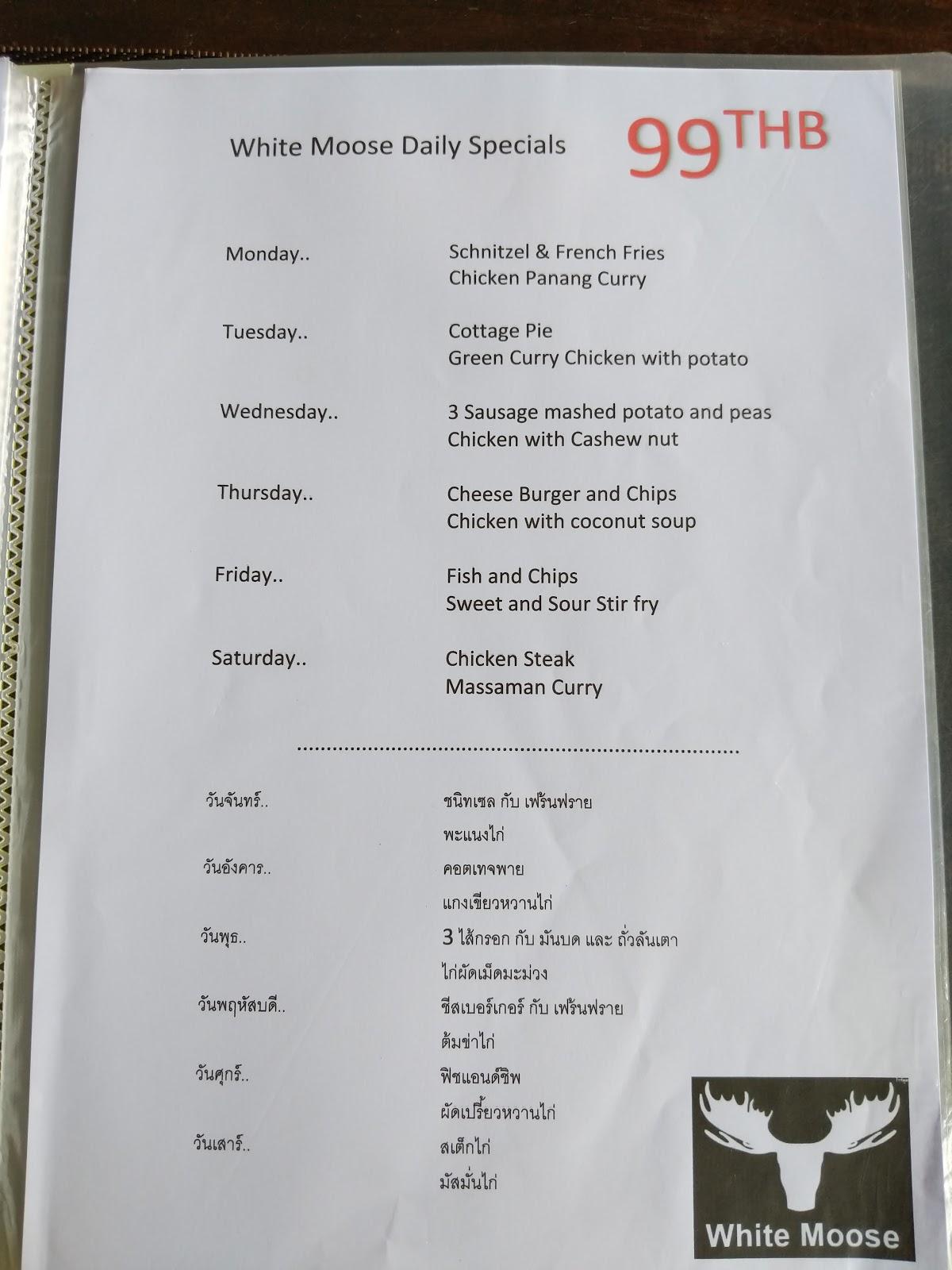 Menu at White moose pub & bar, Pattaya City