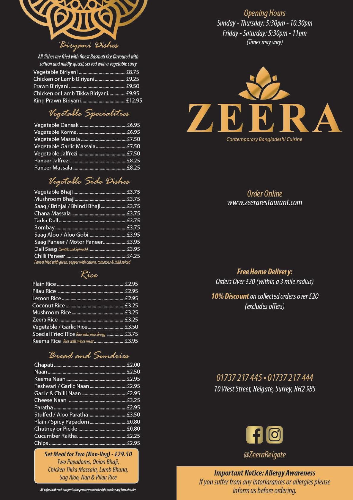 Menu at Zeera Restaurant, Reigate
