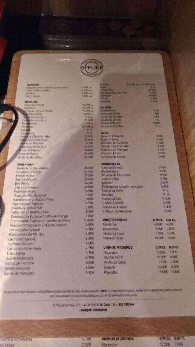 Menu at Café Offline, Vila Nova de Gaia