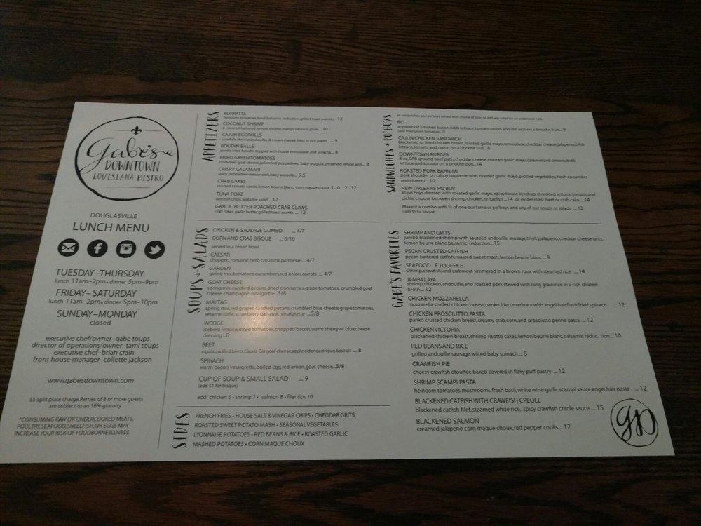 Menu at Gabe's Downtown pizzeria, Douglasville