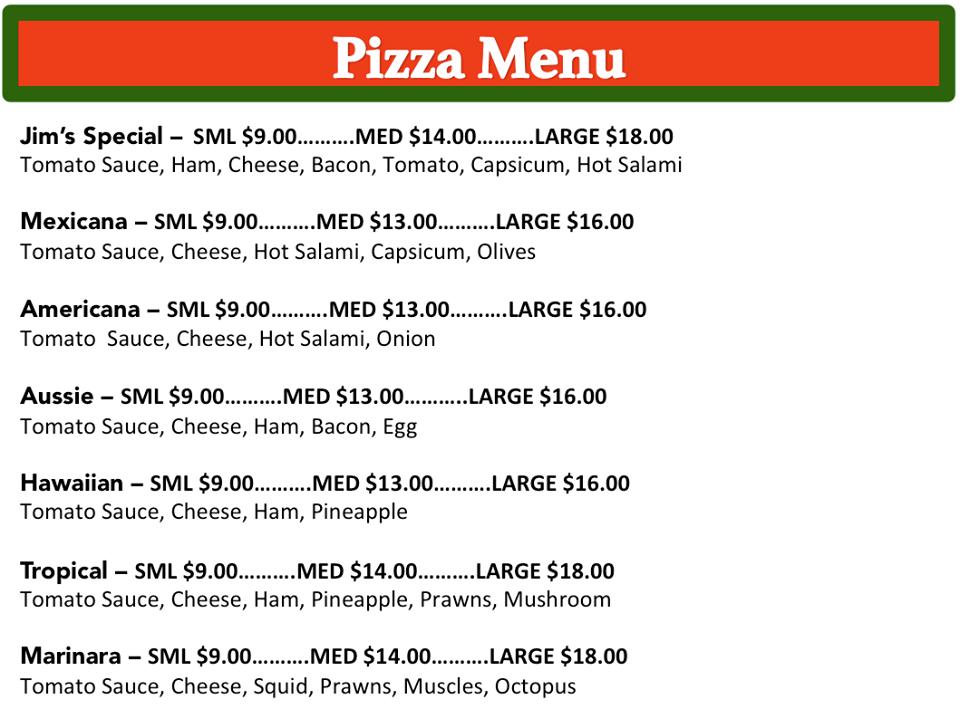 Menu at Jim's Cafe & Take Away, Warracknabeal