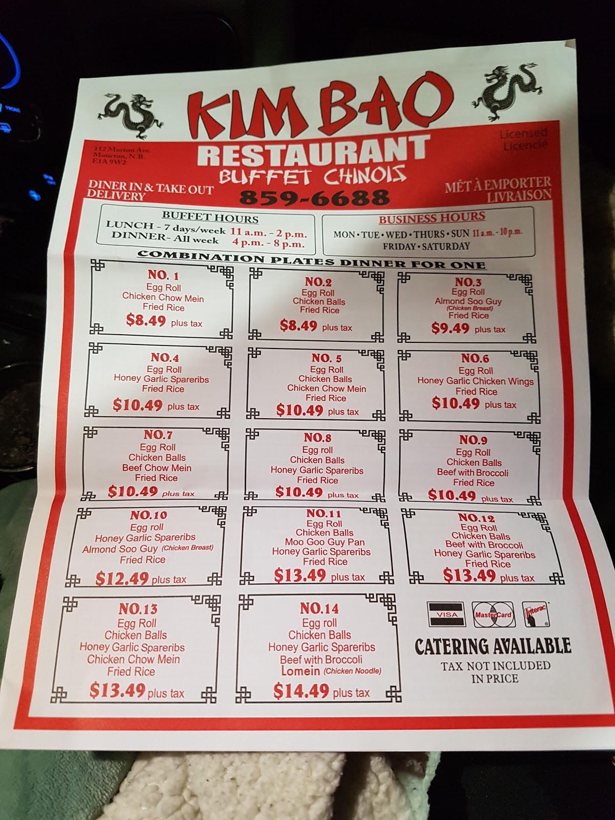 Menu at Kim Bao restaurant, Moncton