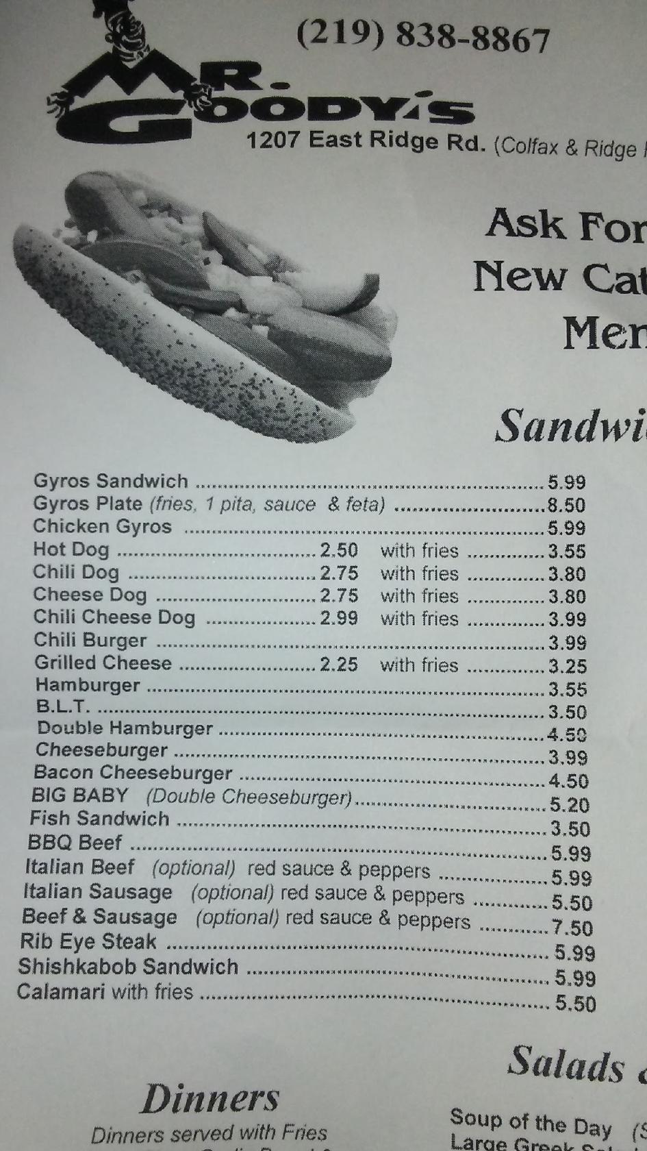 Menu at Mr Goody's restaurant, Griffith