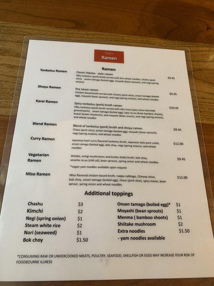 Menu at Tosh's Ramen restaurant, Salt Lake City, S State St