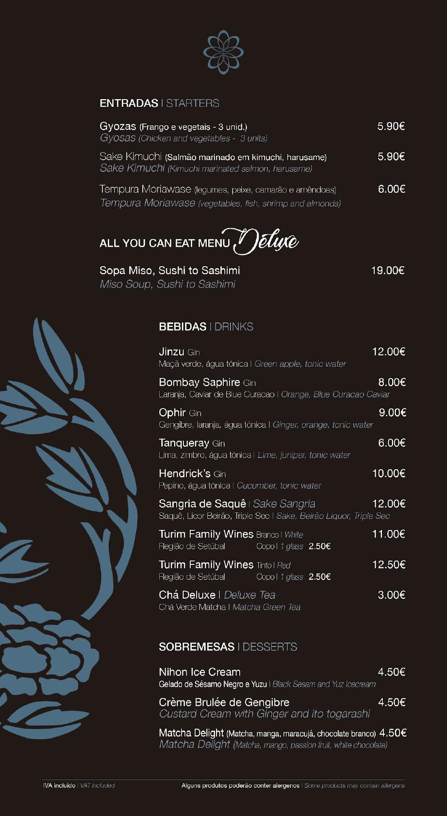 Menu at Tsubaki restaurant, Lisbon, R. Latino Coelho 23