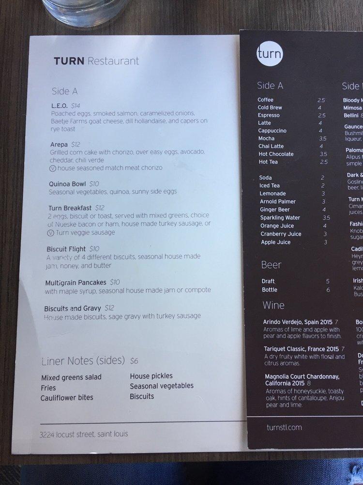 Menu at Turn restaurant, St. Louis