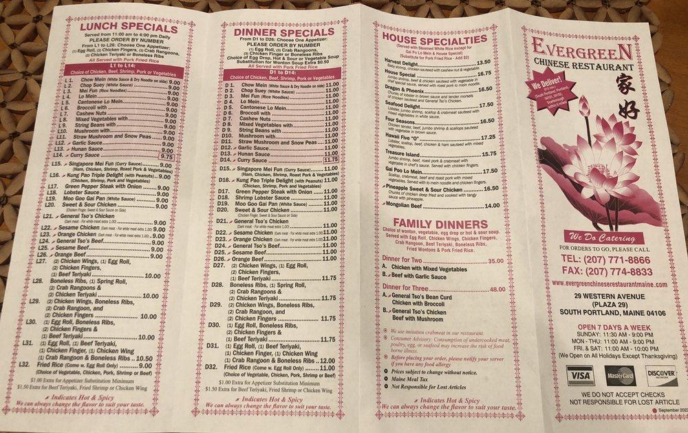 Menu at Evergreen restaurant, South Portland