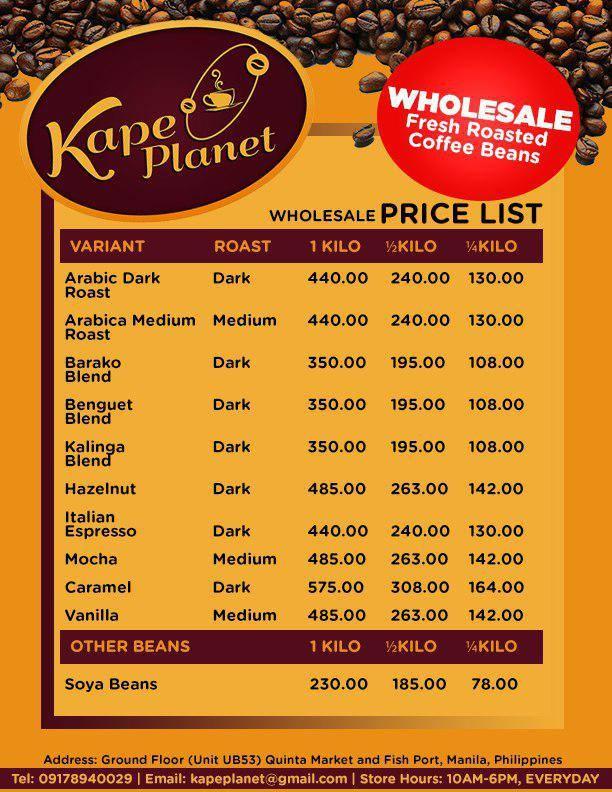 Menu at Kape Planet cafe, Manila