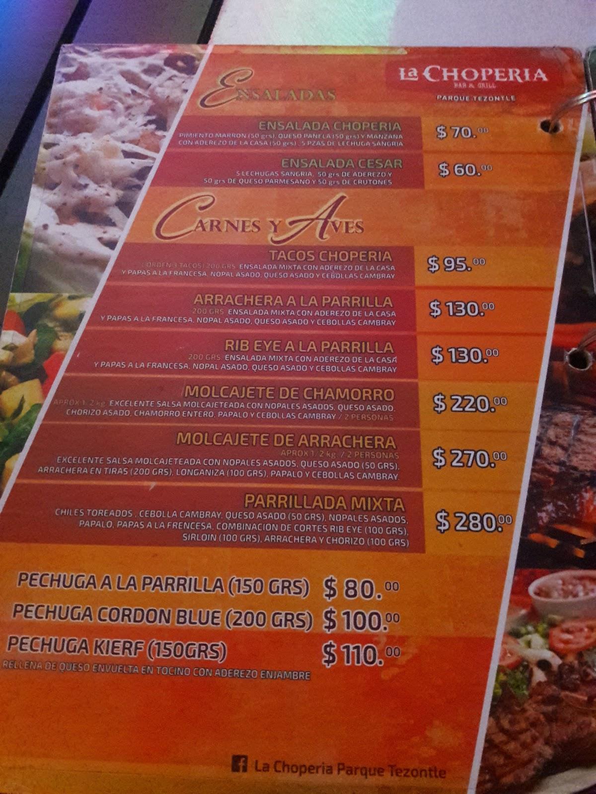 Carta del pub y bar La Choperia, Ciudad del México, Encomenderos n 70