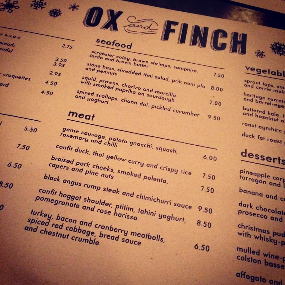 Menu at Ox and Finch restaurant, Glasgow, 920 Sauchiehall St