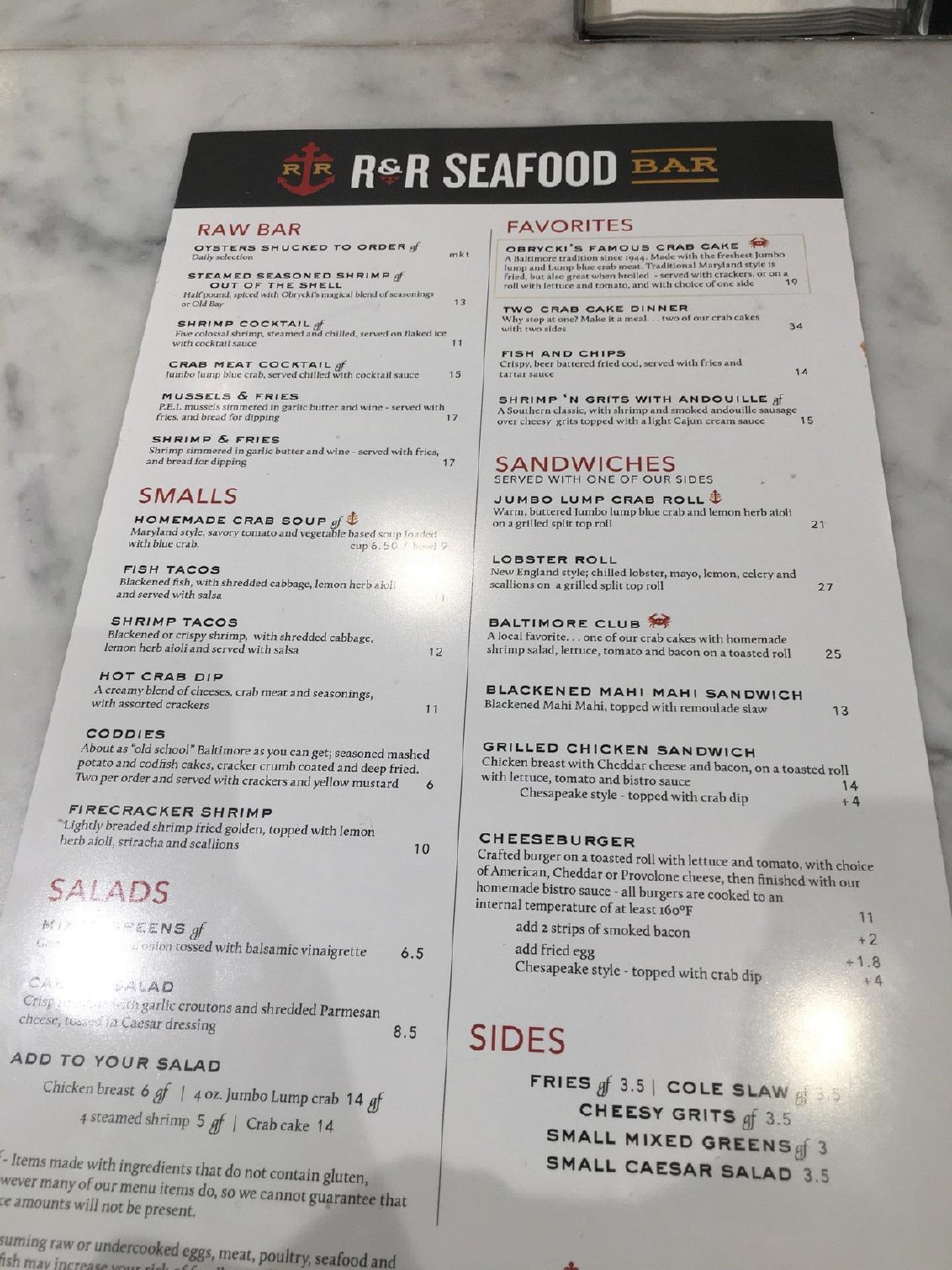 Menu at R&R Seafood Bar, Baltimore, Friendship Rd