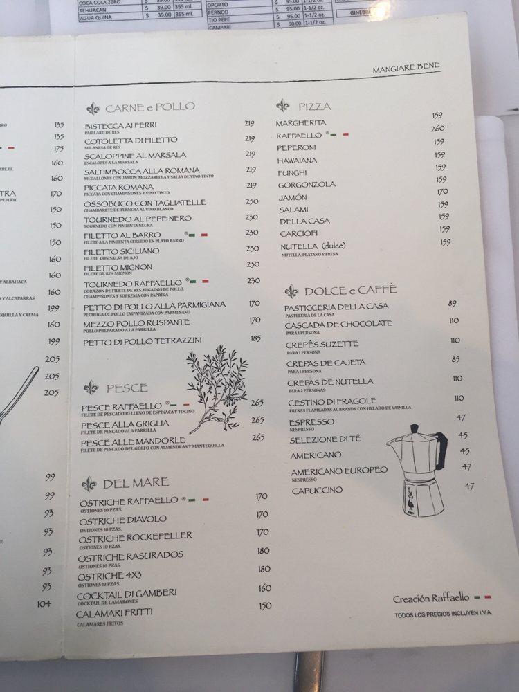 Menu at Raffaello Ristorante restaurant, Mexico City, Londres 165