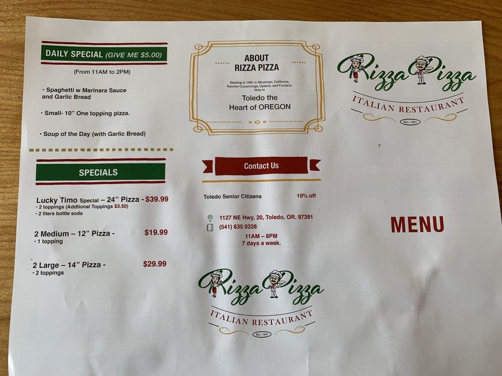 Menu at Rizza Pizza pizzeria, Toledo