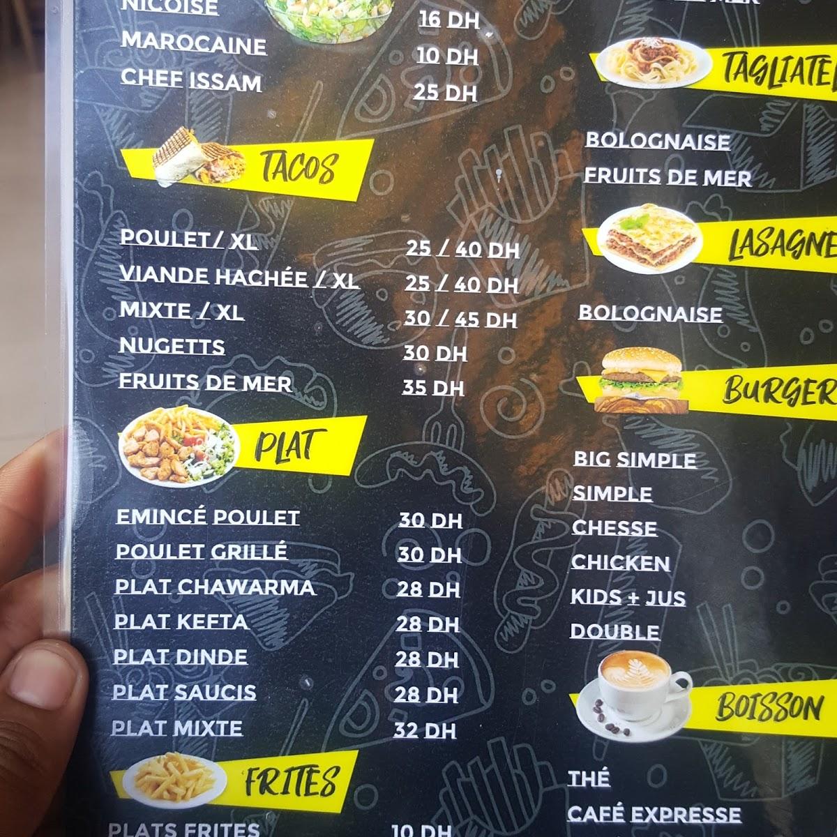 Menu at SNACK S ISSAM restaurant, Marrakesh