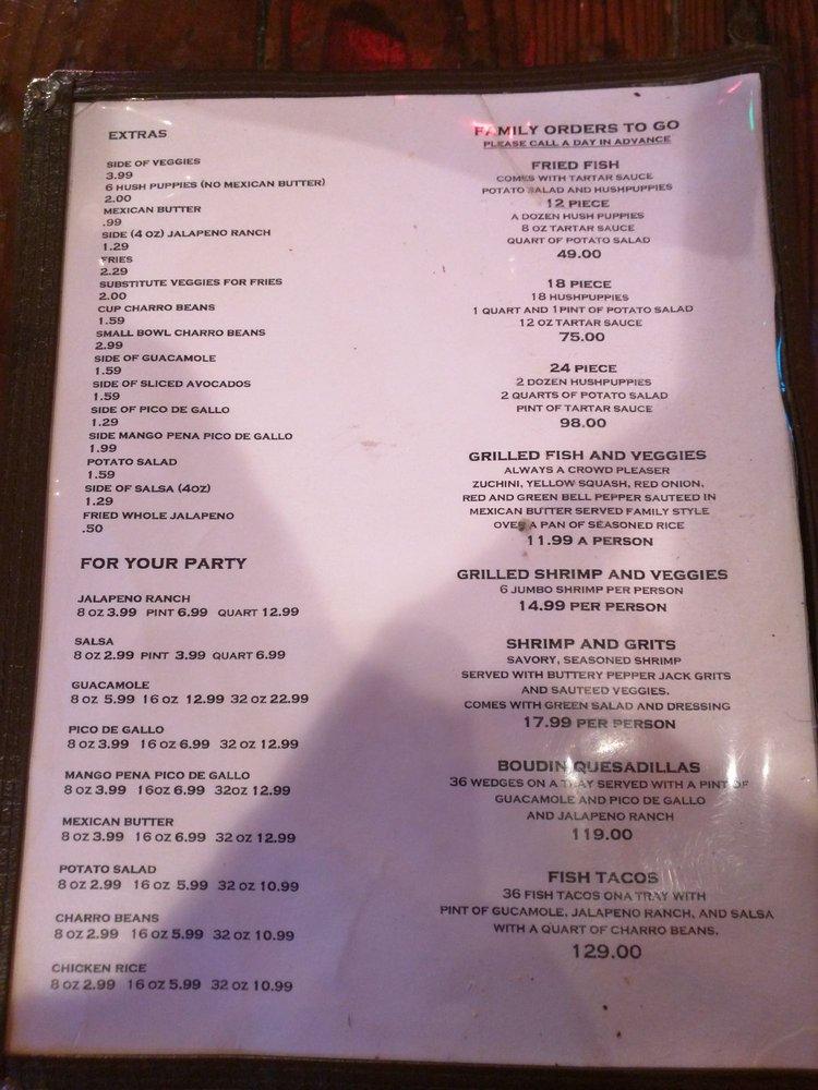 Menu at Tia Juanita's Fish Camp restaurant, Lumberton