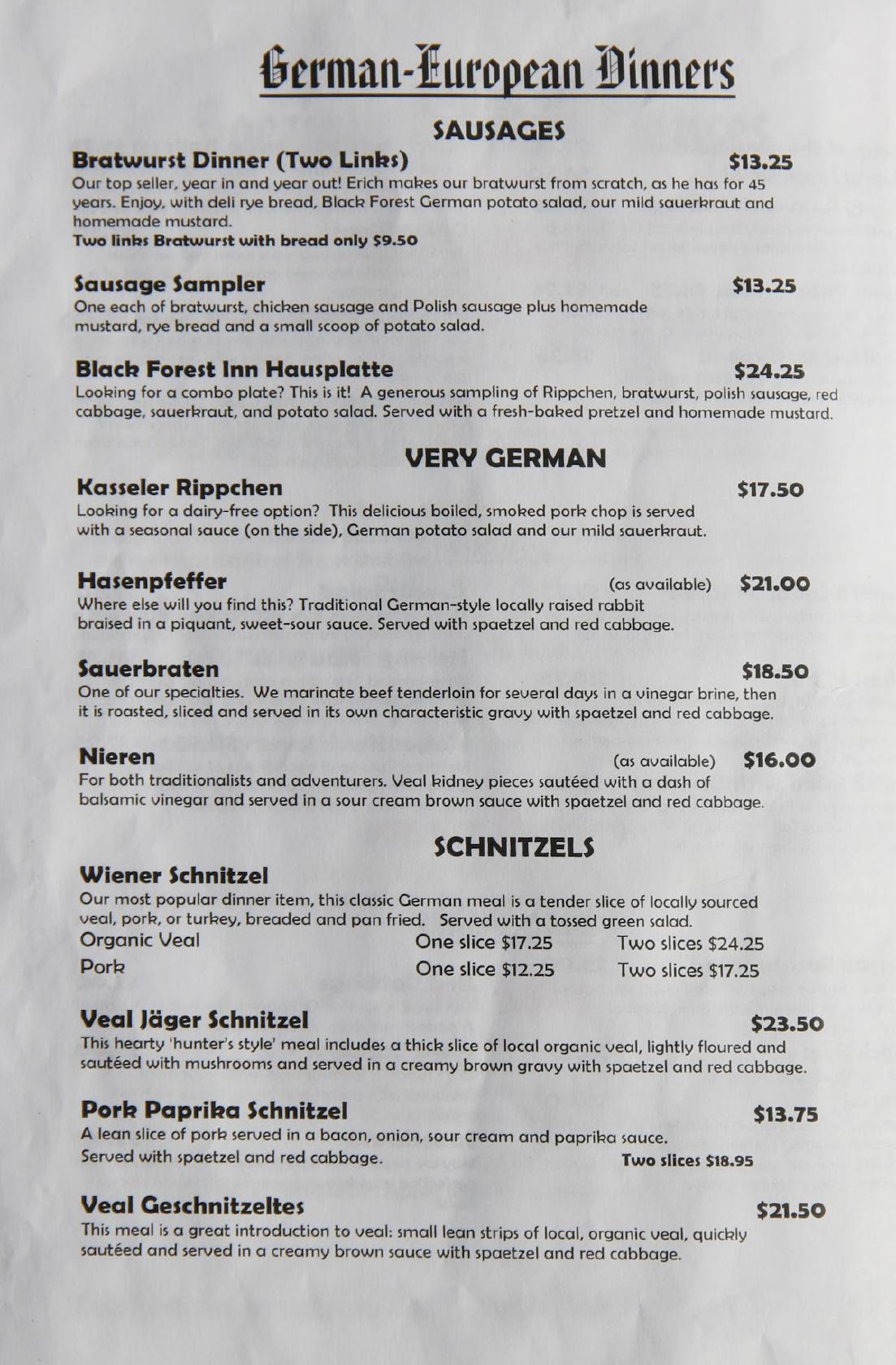 Menu at Black Forest Inn restaurant, Minneapolis